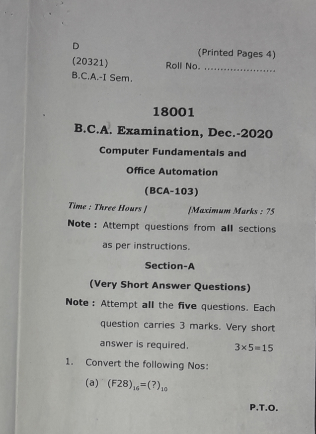 BCA- Computer Fundamental Old Question Paper BCA- Computer Fundamental Old Question Paper