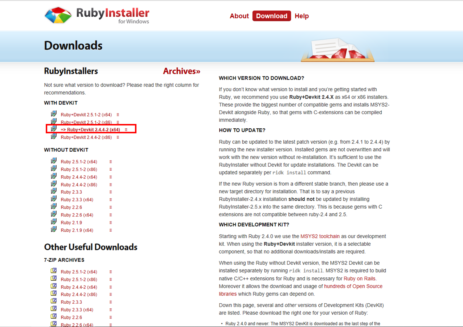 Rubyのインストーラ をこちらのページからダウンロードします。