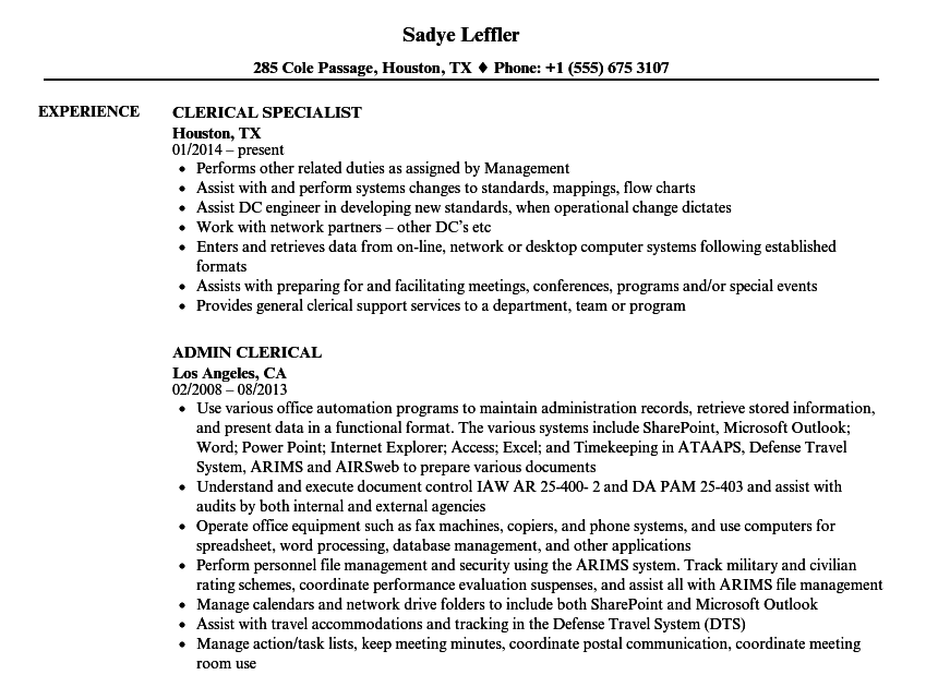 Sample Clerical Resumes - Collage Template