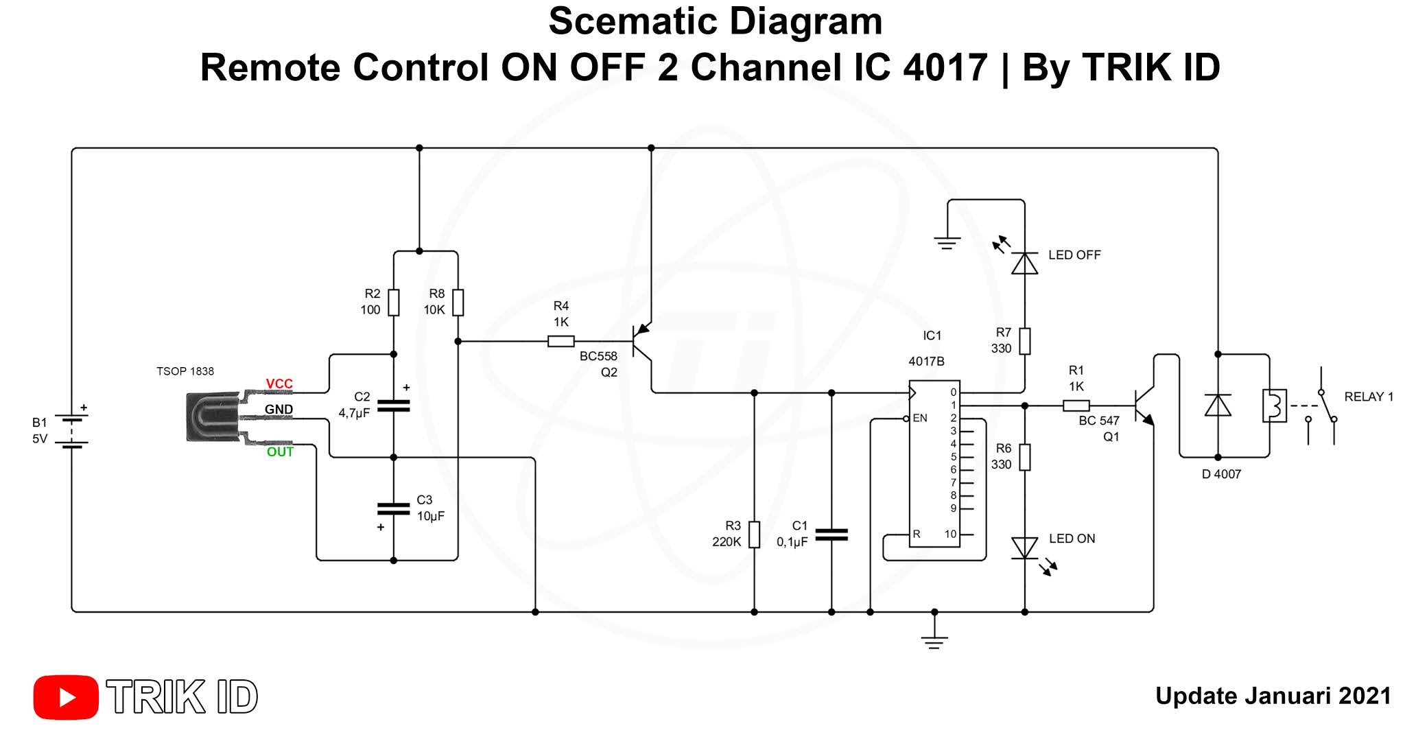SKEMA REMOTE CONTROL 2 CHANNEL IC 4017 | By TRIK ID