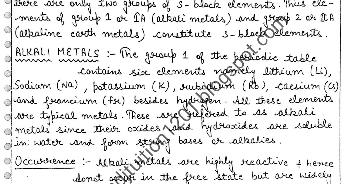 S-Block Elements Handwritten Notes for 11th Chemistry