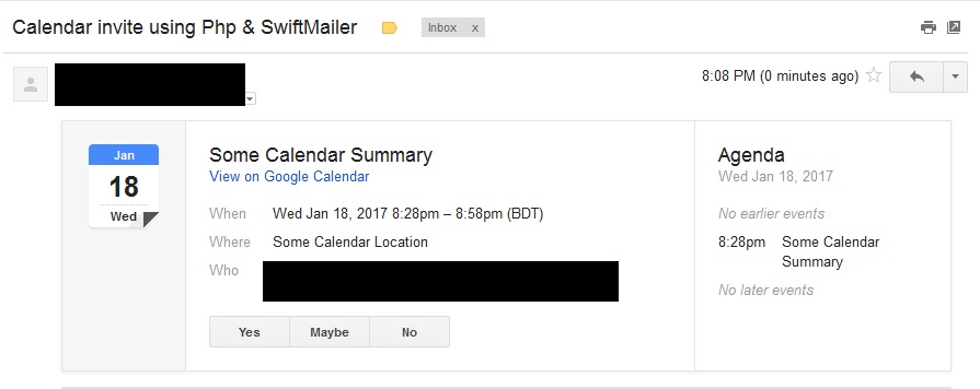 Code Samples: php - Send ics calendar invite using Swift Mailer Code Samples: php - Send ics calendar invite using Swift Mailer