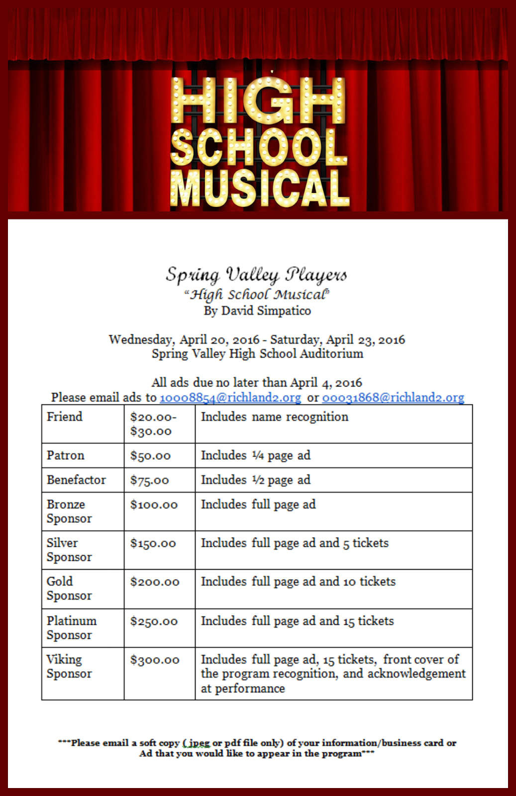 Viking Update: Spring Valley Players Ads for High School Musical