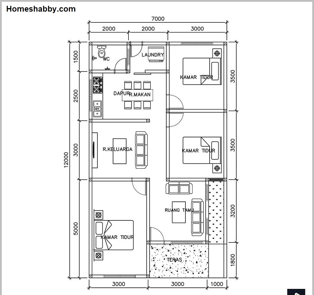 Denah Rumah 3 Kamar Ukuran 7x12 - Modern Minimalis Denah Rumah 3 Kamar Ukuran 7x12 - Modern Minimalis