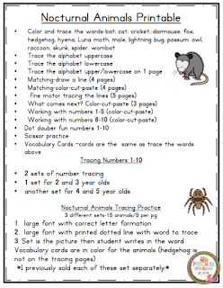 Nocturnal Animals Math and Literature (Updated) ~ Preschool Printables