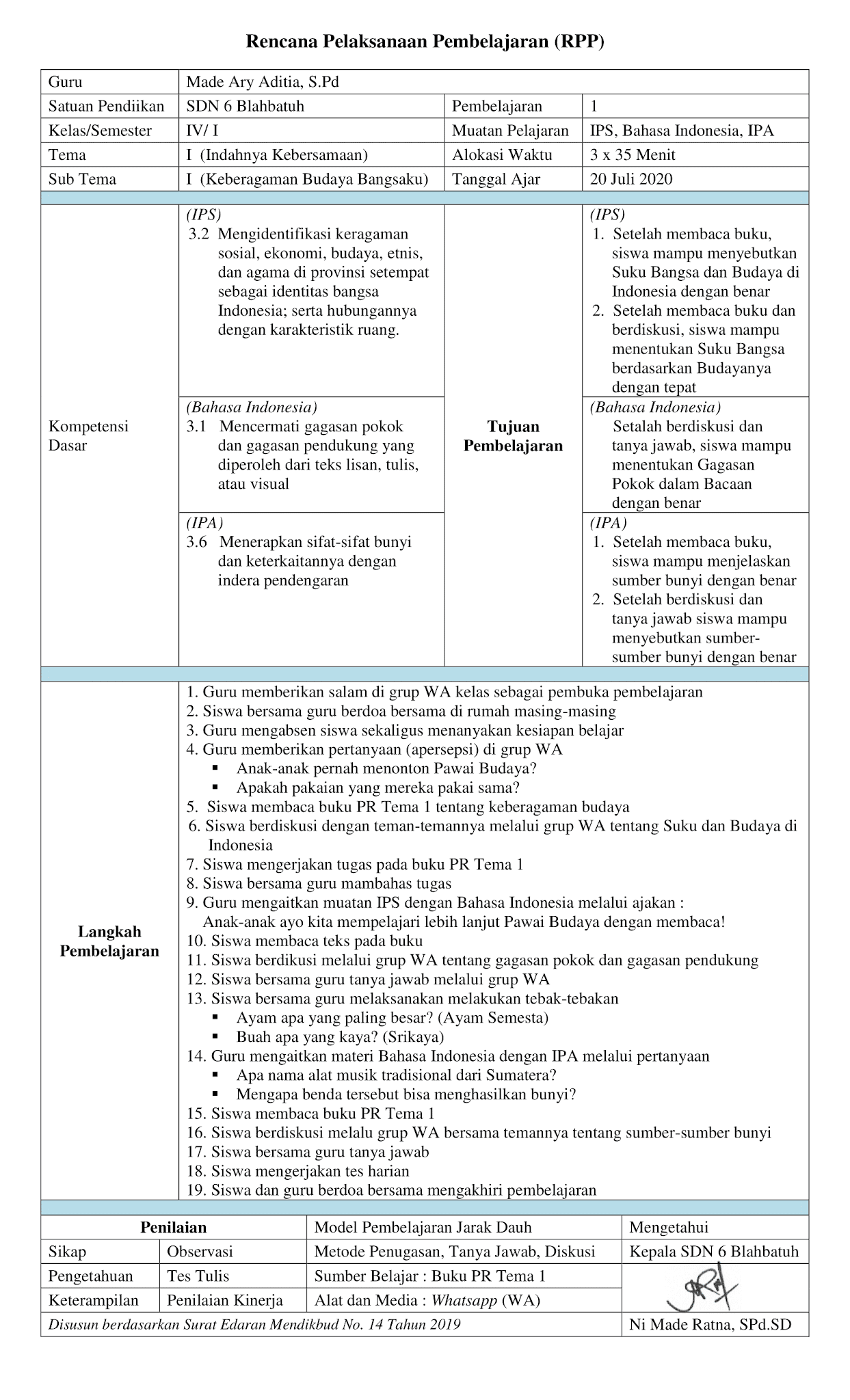 Contoh RPP Daring 1 Lembar Kelas 4 - Diary Guru