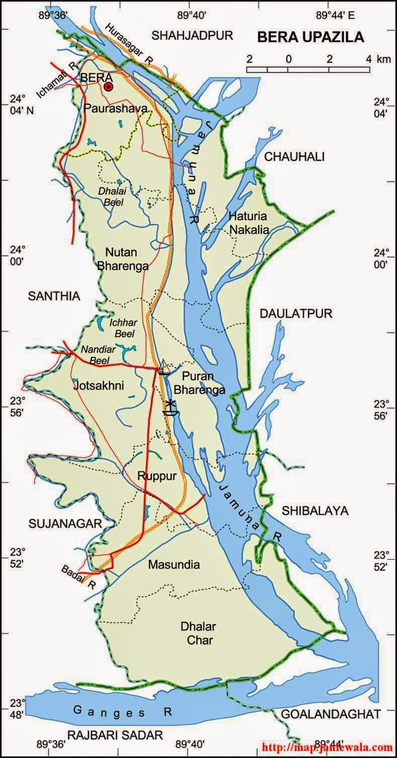 Bera Upazila Map, Pabna District, Bangladesh