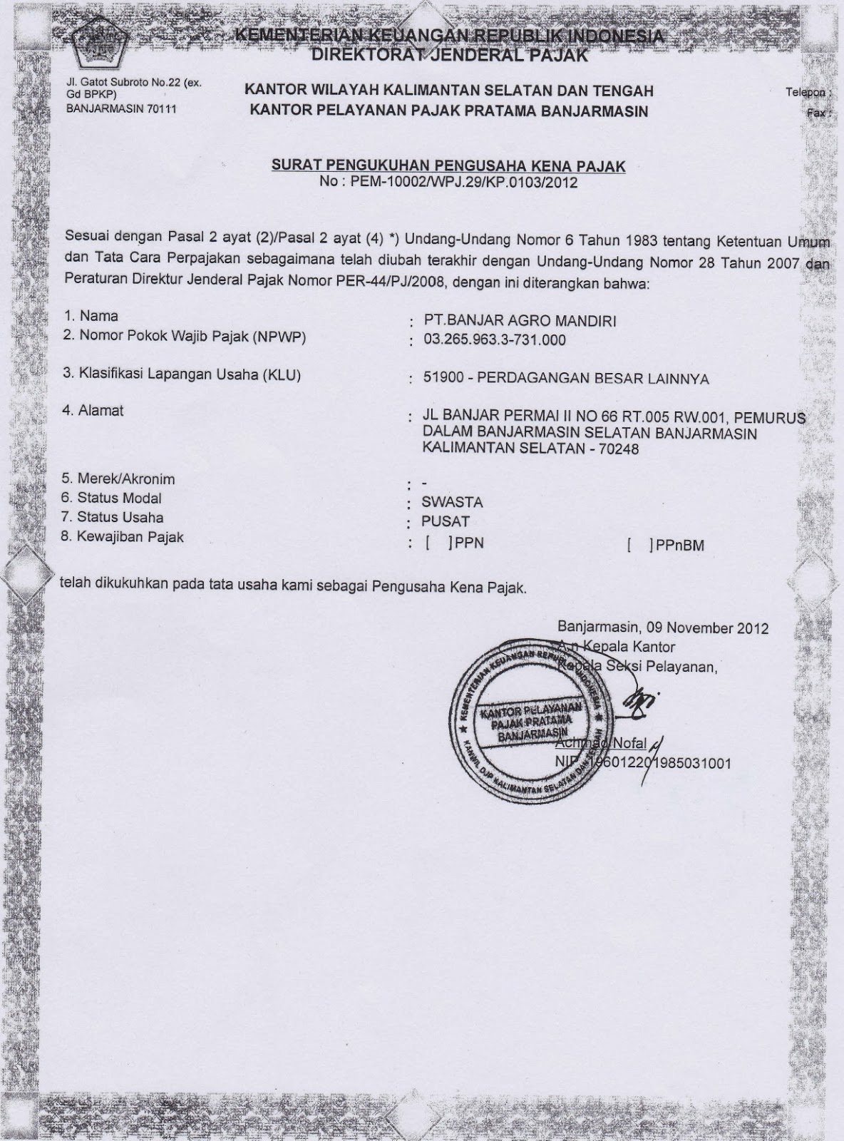 Surat Keterangan Pengusaha Kena Pajak - Perumperindo.co.id