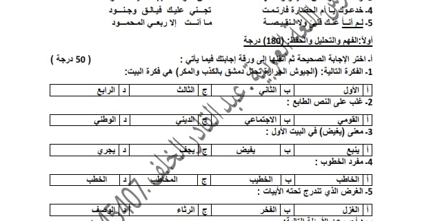 مذاكرة الوحدة الاولي والثانية في اللغة العربية للصف التاسع الفصل الاول