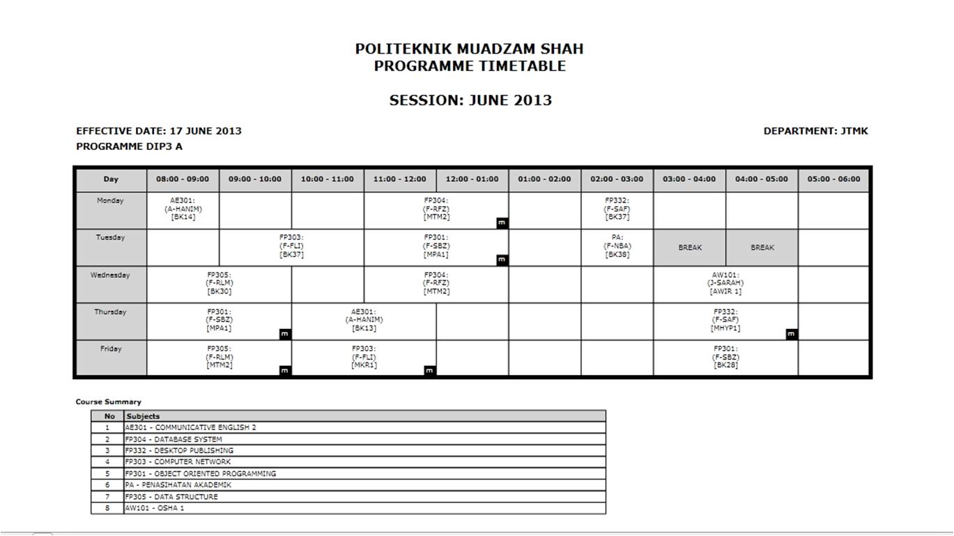 PENGUMUMAN : Pindaan Kecil Jadual Waktu JTMK Jun 2013..