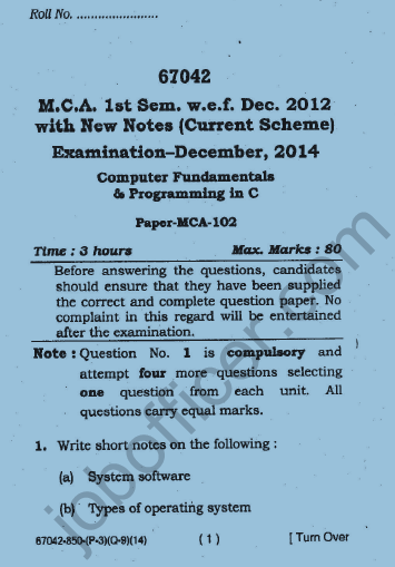 MDU Rohtak Unsolved Exam Papers for MCA 1st Semester 2014 - University ...
