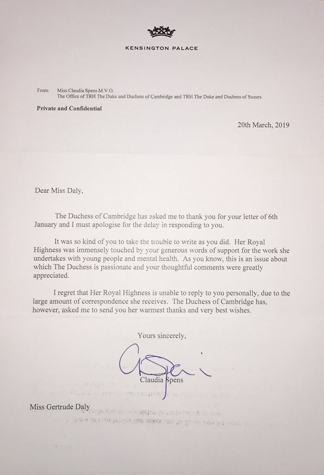 Gert's Royal Replies: Duchess Kate - Birthday Reply (2019)