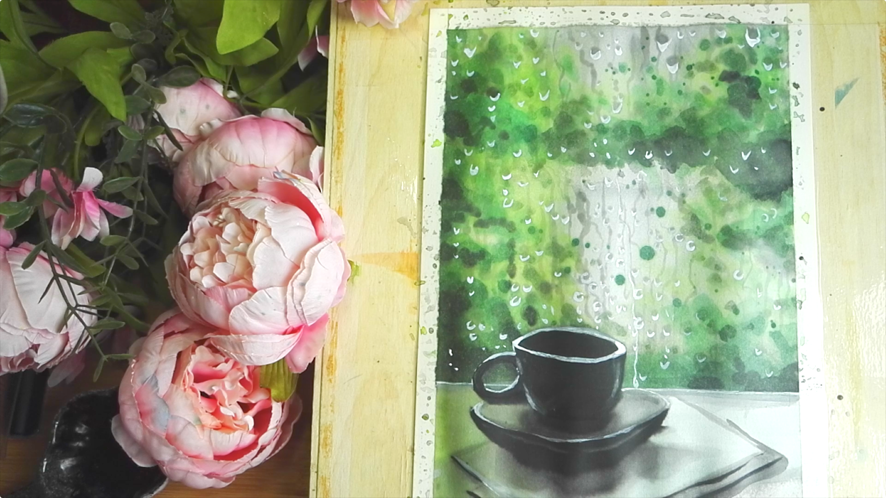 Watercolor coffee and rain outside the window step by step tutorial