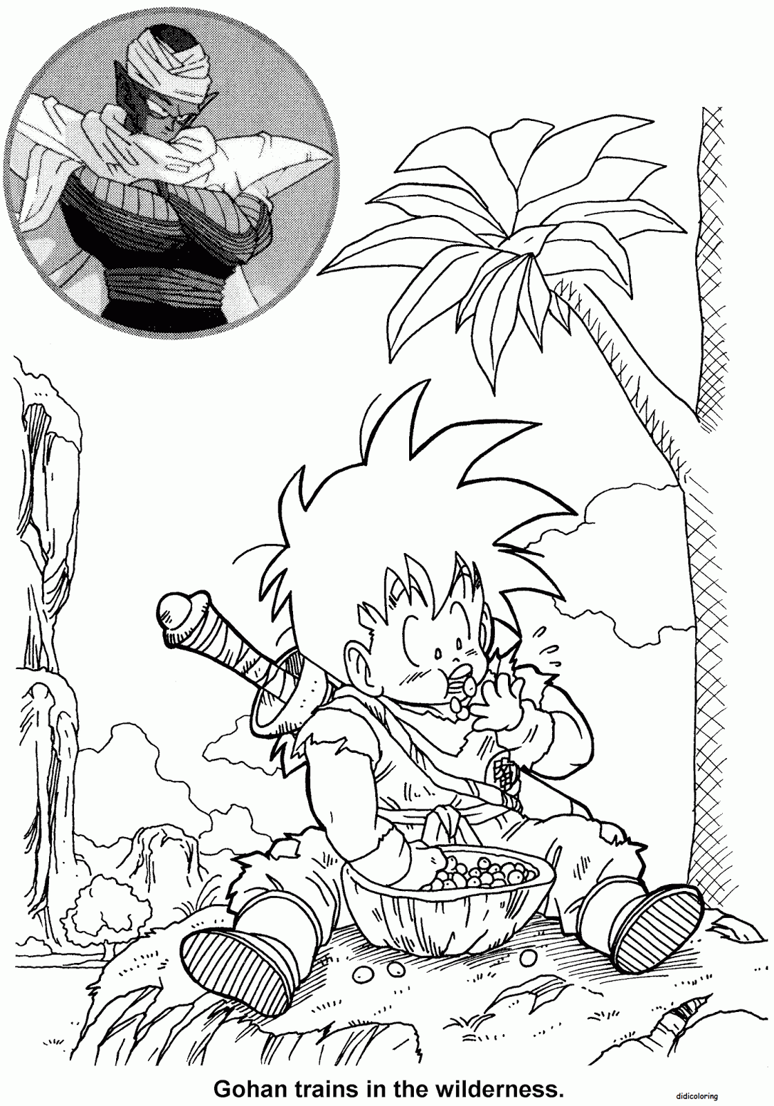 Cartoon For Kids : Printable gohan trains in the wilderness eating food ...