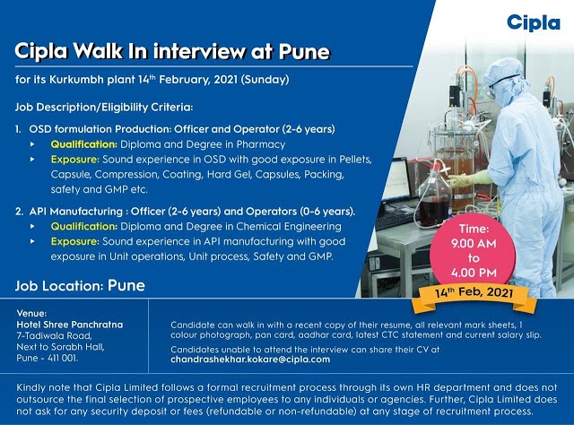 UDYOG ADDA: Cipla Limited - Walk-In Interviews for Production (OSD Formulation) / API ...