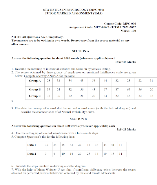 IGNOU M.A Psychology 1st Year MPC006 STATISTICS IN PSYCHOLOGY Assignment Question Paper 2021 ...
