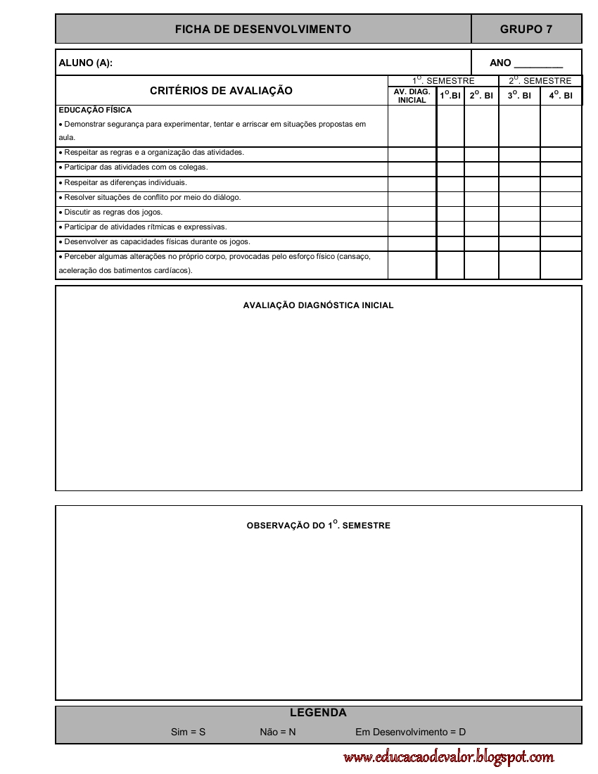 Blog Educação de Valor: Ficha de Avaliação de Desempenho do aluno ...