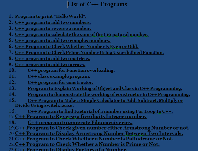 List of C++ Programs.