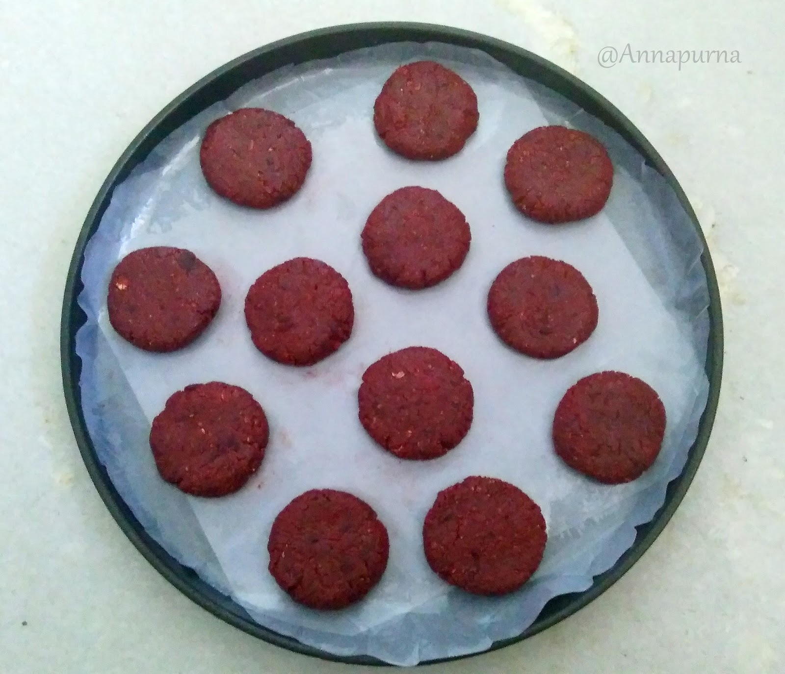 Annapurna: Egg-less Butter-less Beetroot Oats Cookies