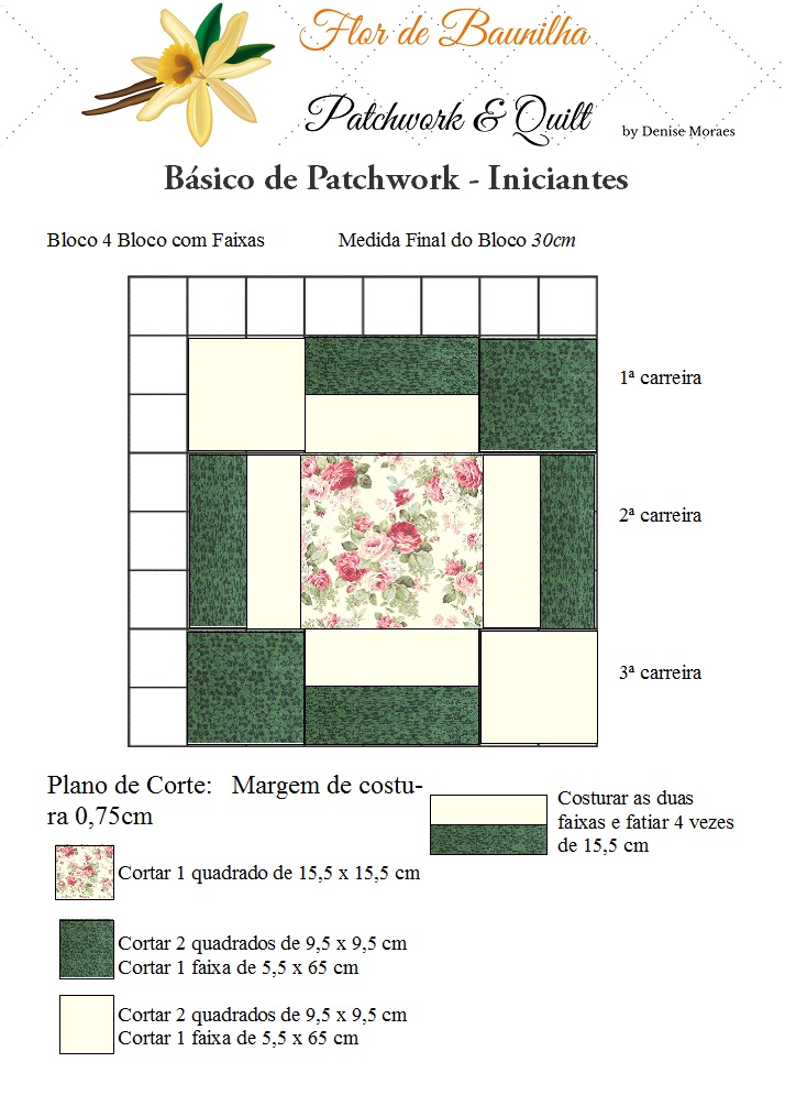 Flor de Baunilha Patchwork : Tutorial 4 Bloco em Faixas - Sampler Quilt