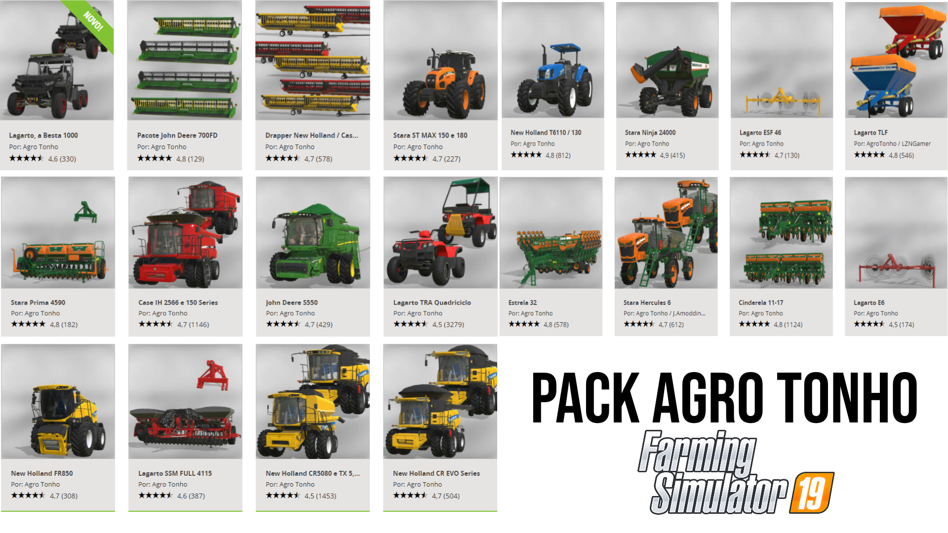 MOD PACK FS19 AGRO TONHO PC,MAC,PS4,XB1