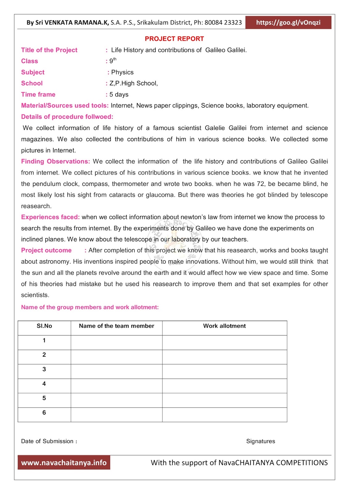 9th Class Physical Science Project Works: Galileo Galilee - Information ...