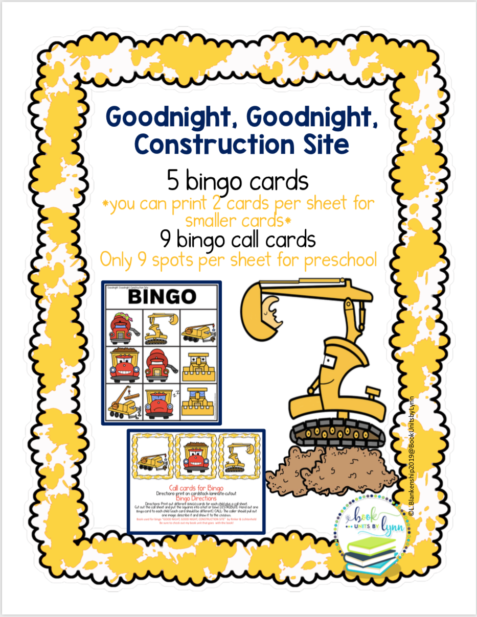 GOODNIGHT, GOODNIGHT, CONSTRUCTION SITE BINGO ~ Book Units by Lynn