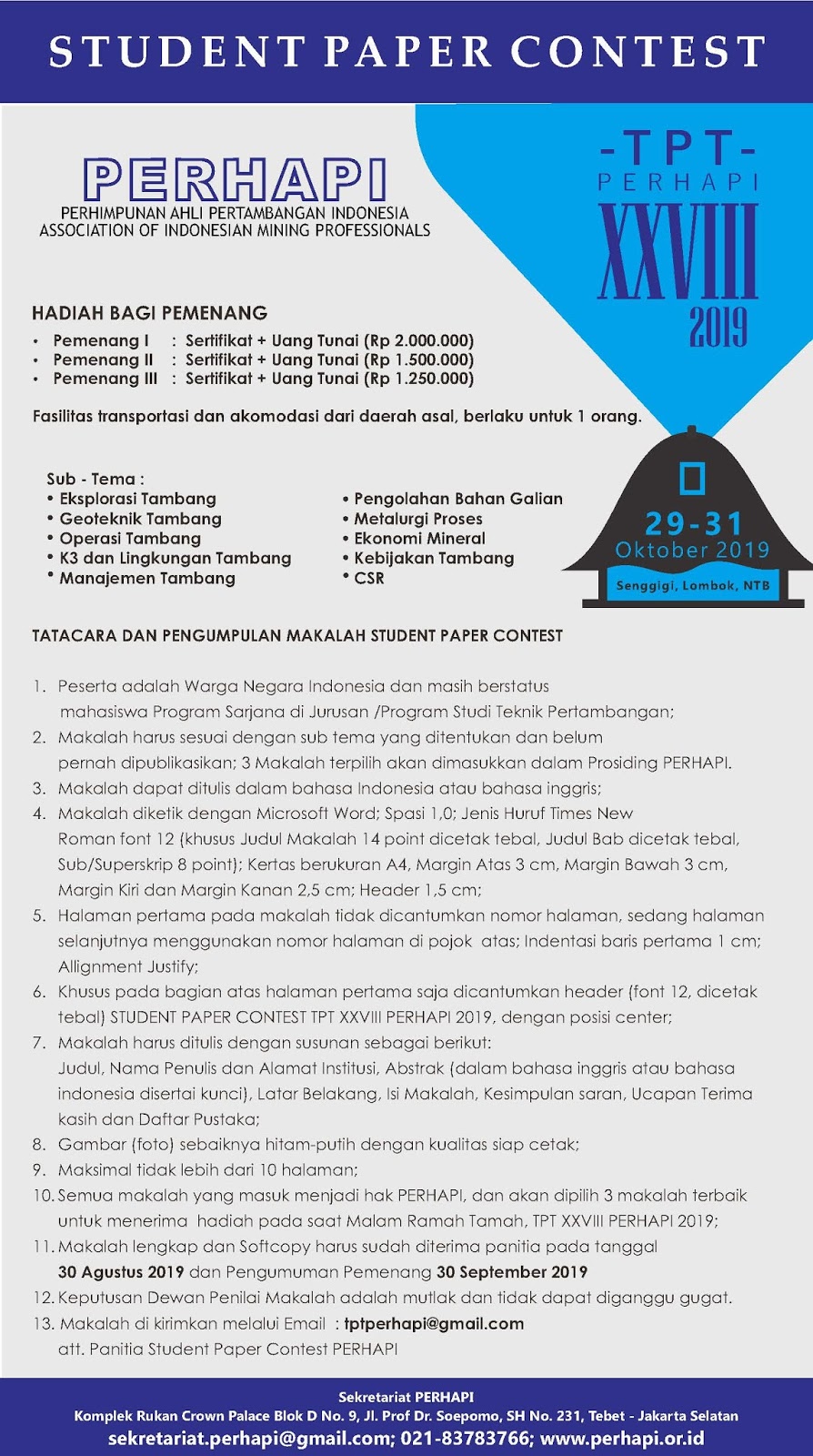 Student Paper Contest, TPT PERHAPI XXVIII 2019 - S1 Teknik Pertambangan ...