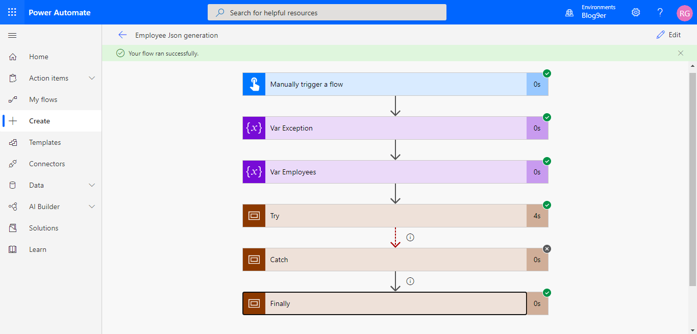 Using Try, Catch and Finally in Microsoft Flow.
