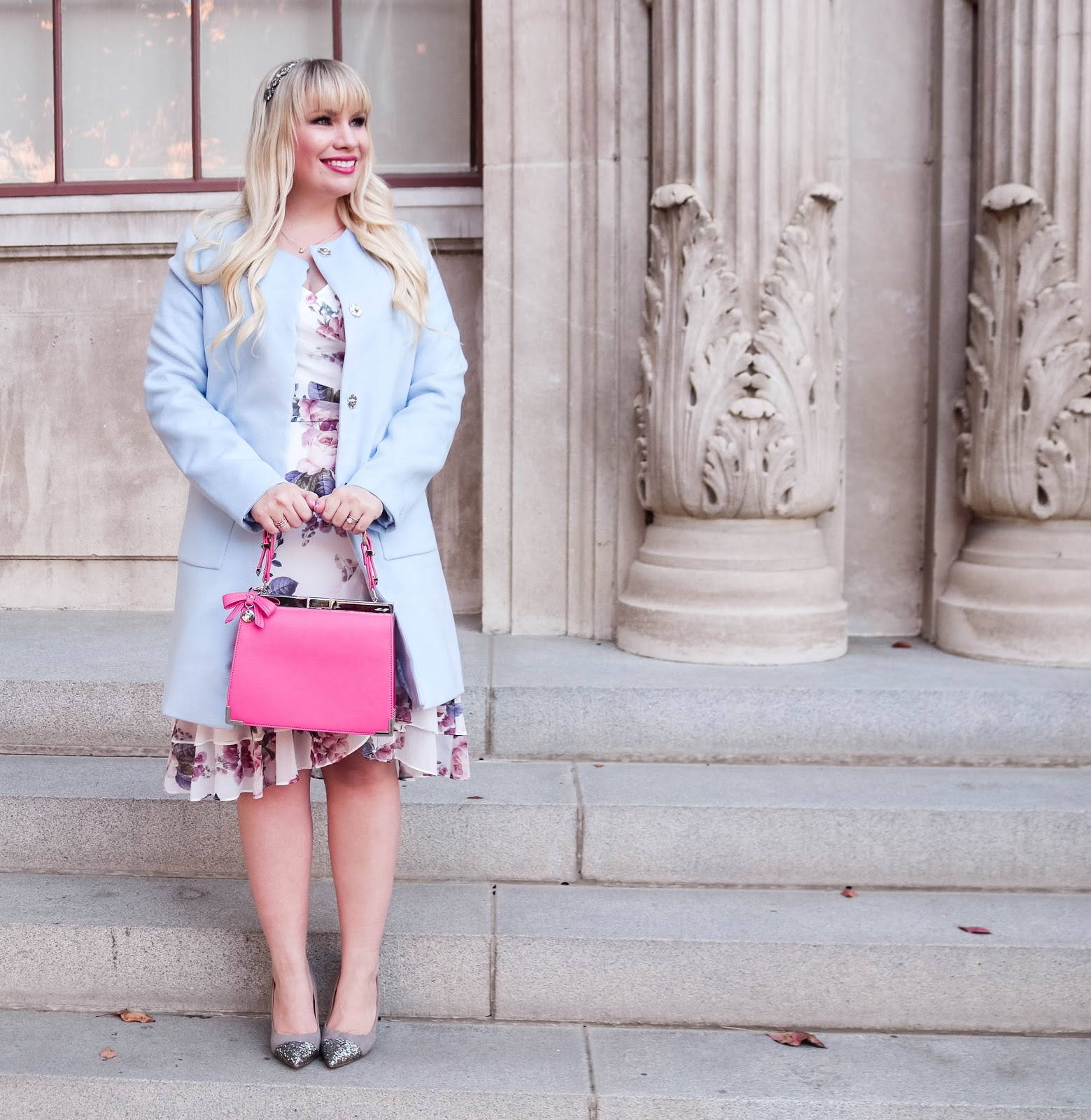 Floral Dress with Light Blue Coat for Winter - Lizzie in Lace