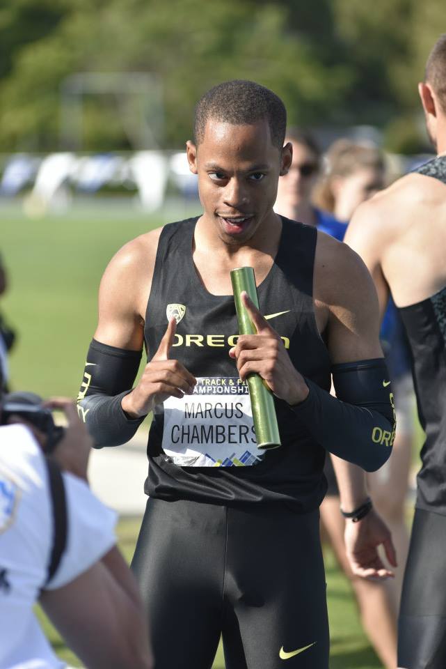 Marcus Chambers runs leg on Team USA's 4x400 relay that finishes second...