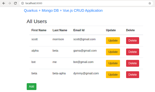 Quarkus + Vue.js + MongoDB CRUD Example