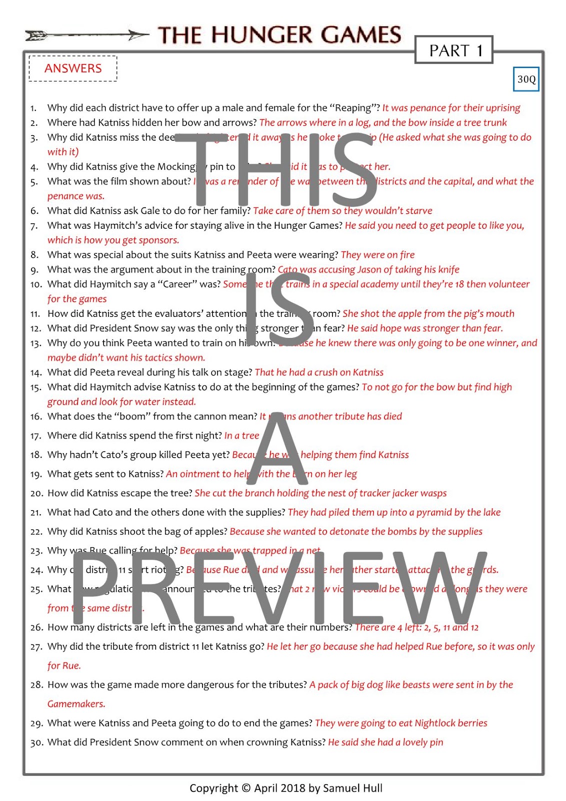 The Hunger Games Movie Guide + Activities - Answer Key Inc. ~ Movie ...