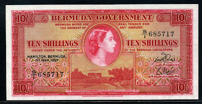 Bermuda banknotes Ten Shillings banknote of 1957, Queen Elizabeth II ...