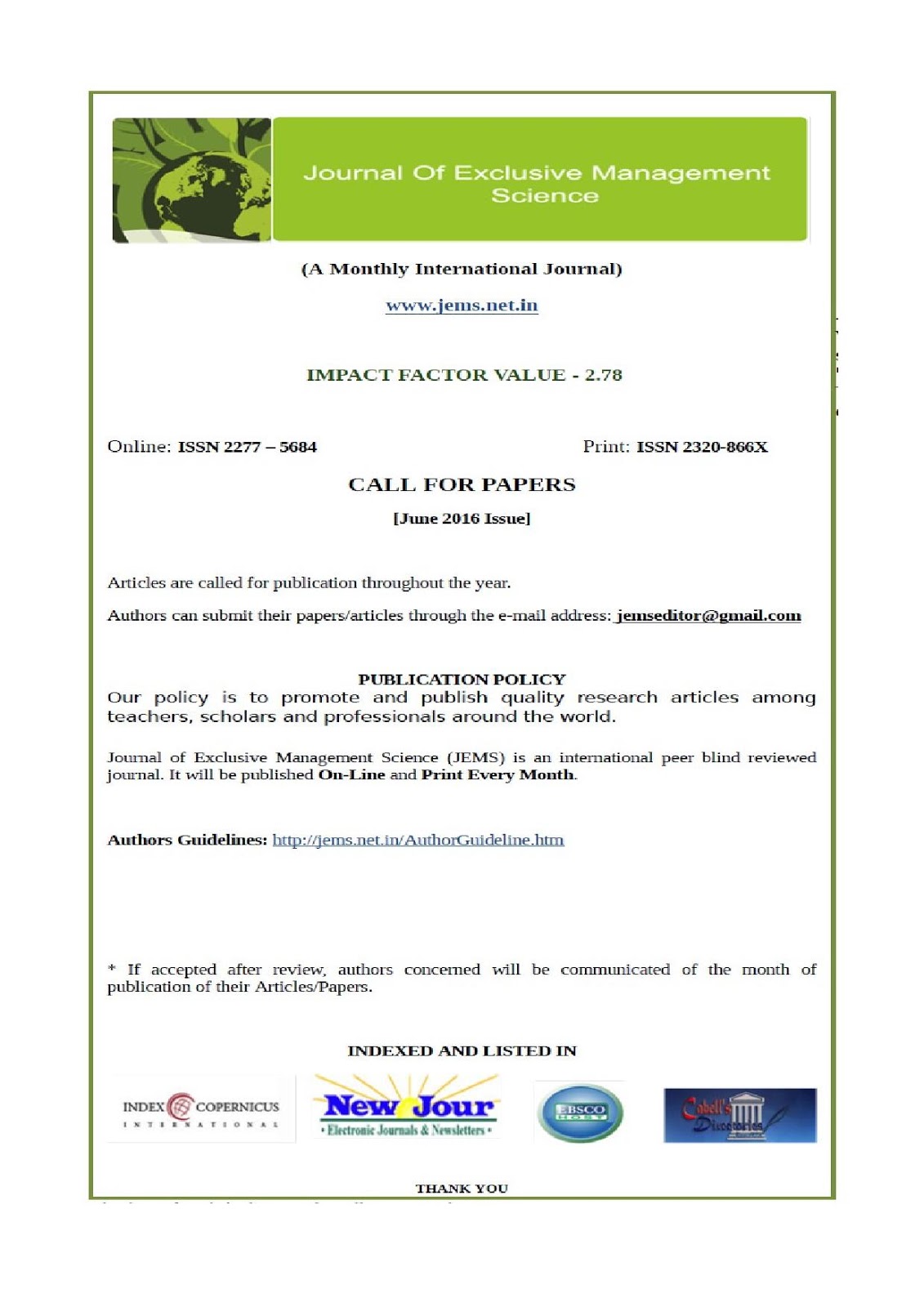 Social Sciences Information Blog: Journal of Exclusive Management ...