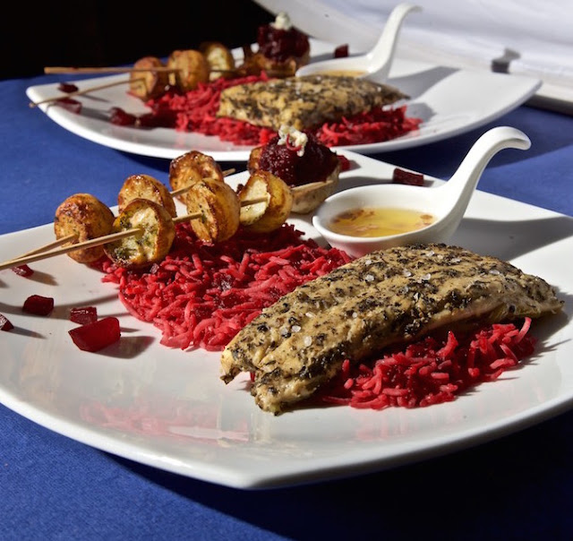 FISH & BEET : Steamed fish on a beet rice bed , served with roast ...