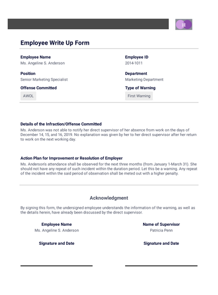Employee Write Up Template ~ Certificate Letter