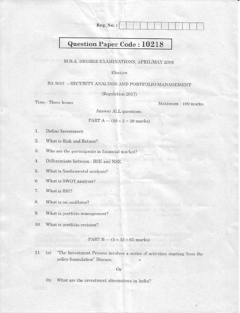 Anna University BA 5012-SECURITY ANALYSIS AND PORTFOLIO MANAGEMENT ...