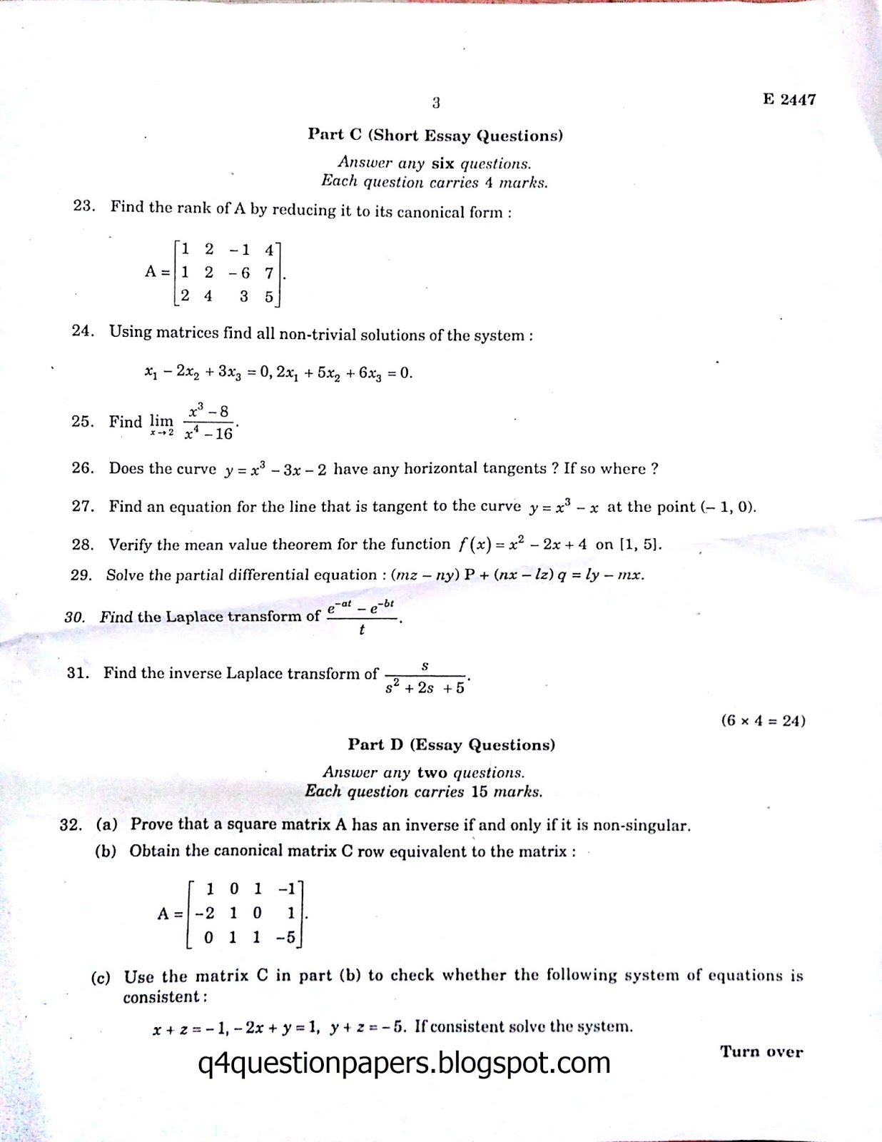 mgu B.C.A semester 1 MATHS (MATHEMATICS) question paper 2015