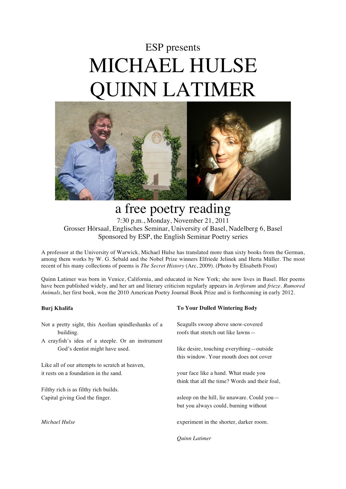 andrewjshields: Michael Hulse and Quinn Latimer, reading in Basel ...