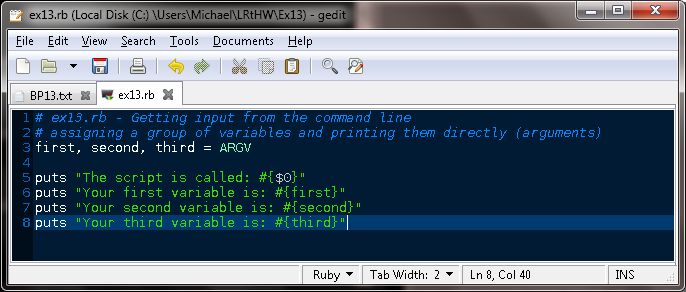 TESTHEAD: Exercise 13: Parameters, Unpacking, Variables: Learn Ruby the ...