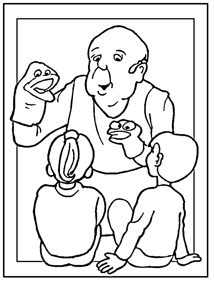 Coloring & Activity Pages: Grandpa Giving Puppet Show for Girl & Boy