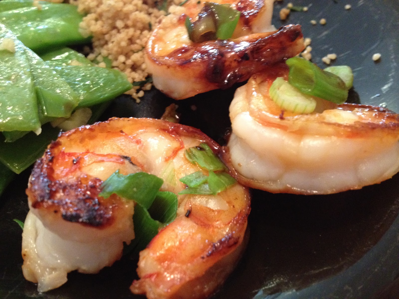 Chez Rooey: Pan Seared Jumbo Shrimp with garlic sugar peas & couscous