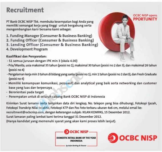 Pt Bank Ocbc Nisp Tbk S1 Fresh Graduate Experienced December 2012 Lowongan Kerja Terbaru