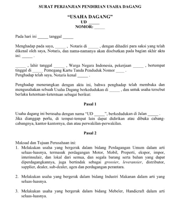 Contoh Surat Perjanjian Akta Pendirian Perseroan Terbatas Format Word