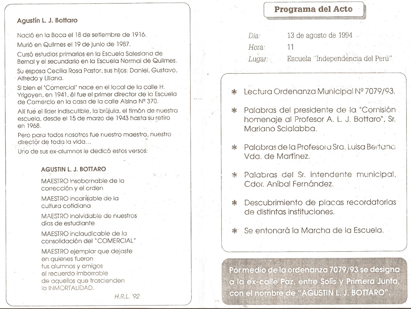 EL QUILMERO: CALLE "AGUSTÍN L. J. BOTTARO" (COLABORACIÓN)