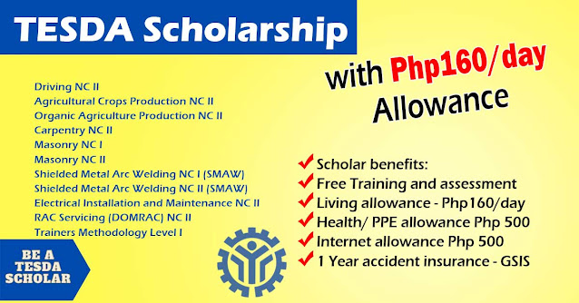TESDA Scholarship with Php160/day Allowance (Free Training and Assessment)