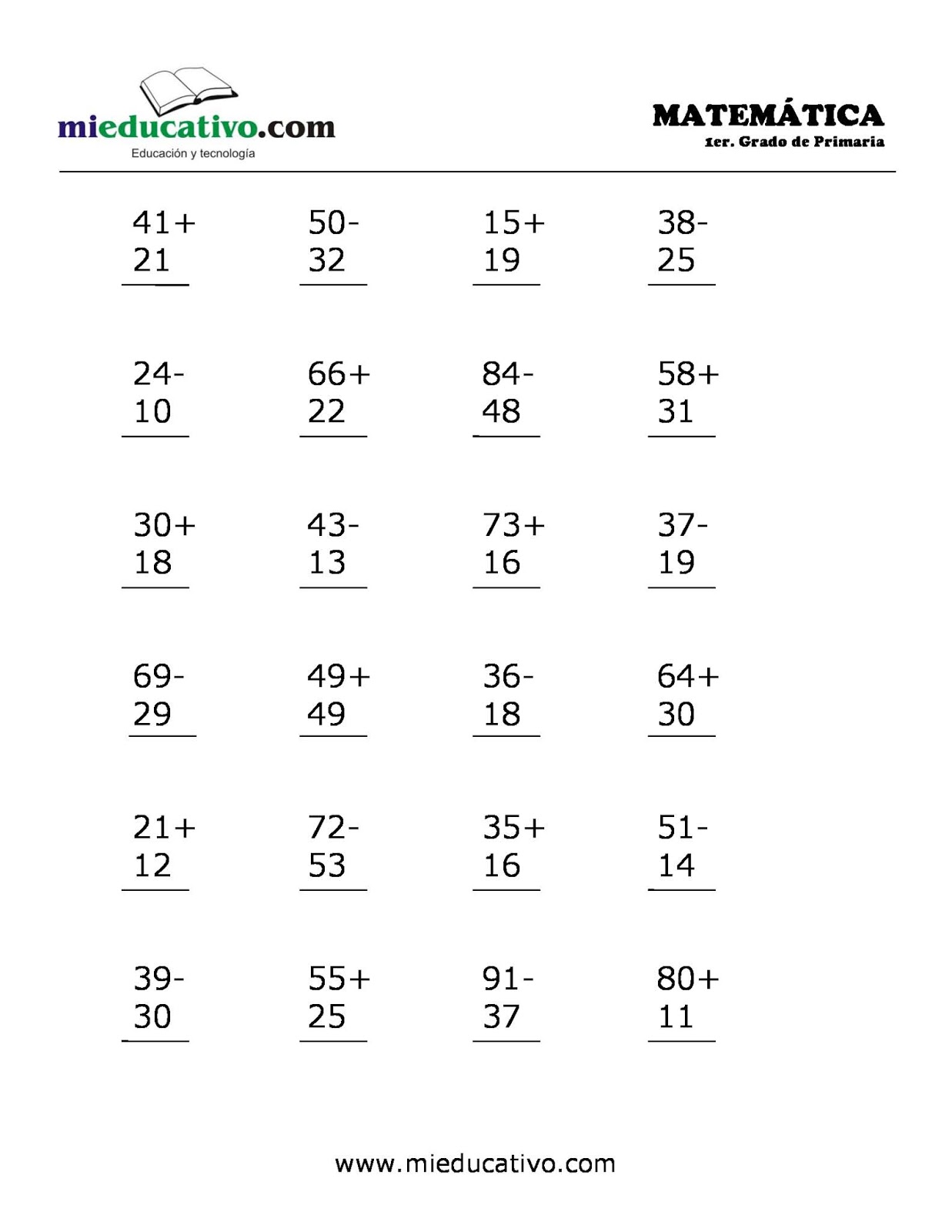 Ejercicios de adiciones y sustracciones de 2 cifras: Primer grado de ...