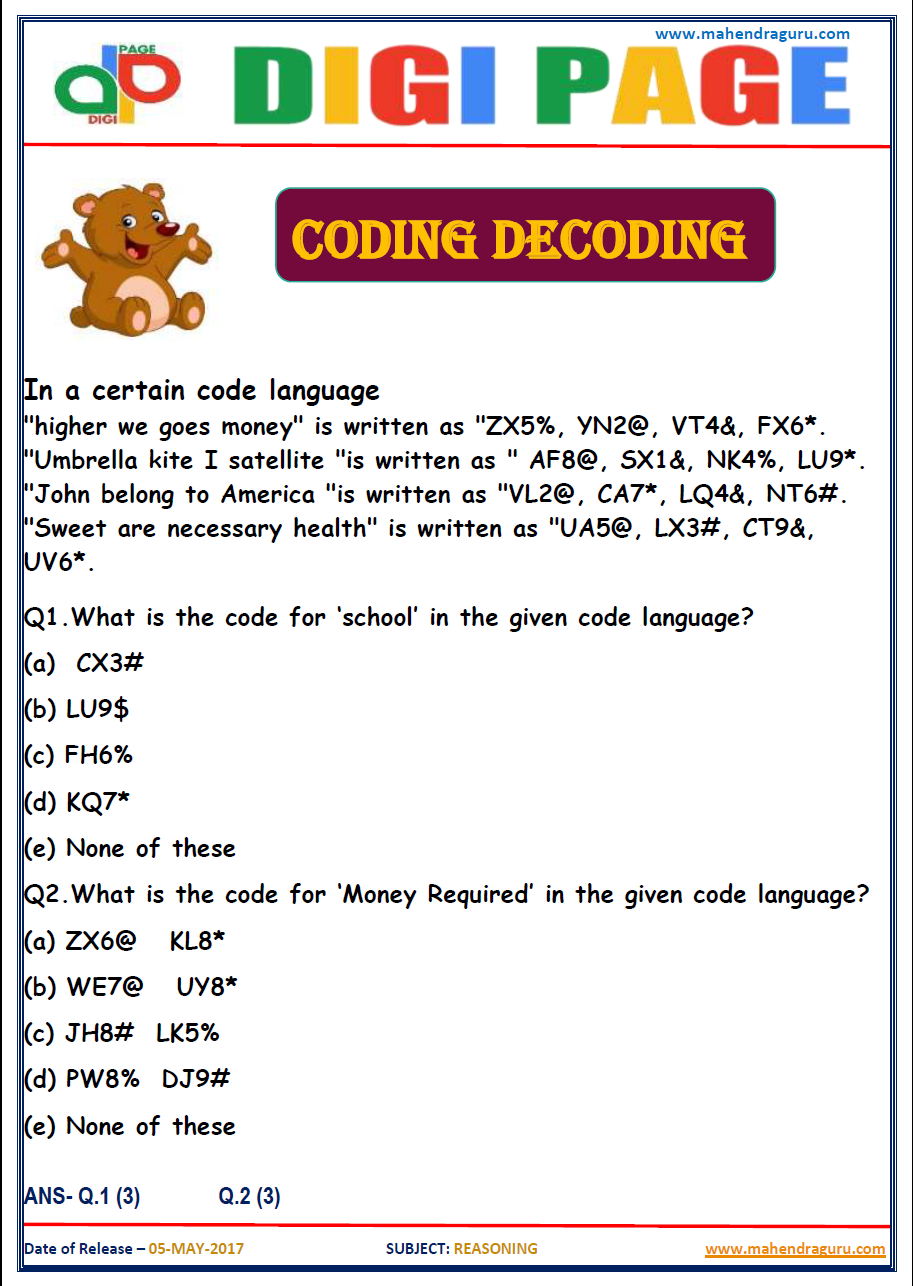 Dp Coding Decoding 05 May 17 Important For Sbi Po