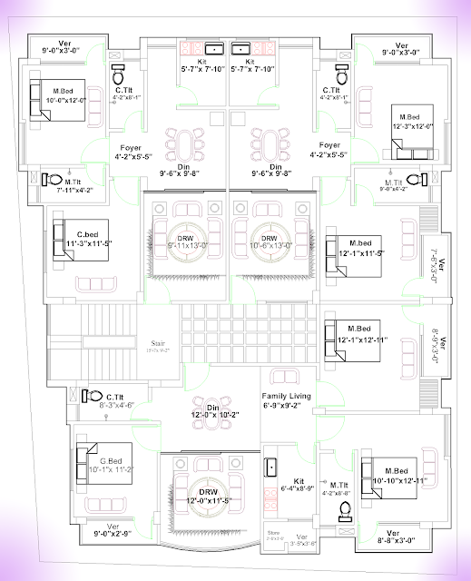 3 Unit Residential Building Plan in 3500 Square Feet - First Floor Plan